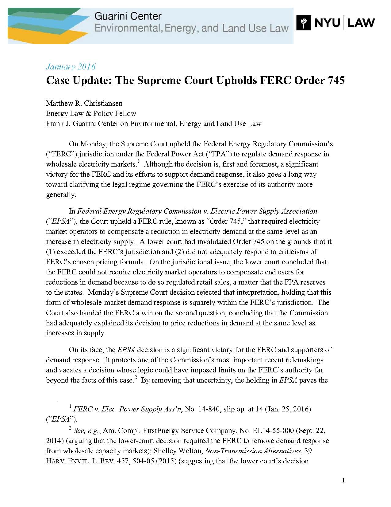 Case Update: The Supreme Court Upholds FERC Order 745 - Guarini Center
